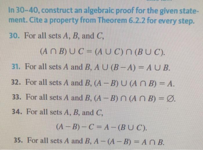 Solved In 30-40, construct an algebraic proof for the given | Chegg.com