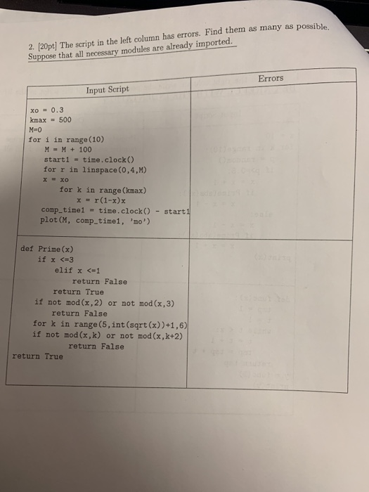Solved 1. 20pt] In the right column, write the possible | Chegg.com