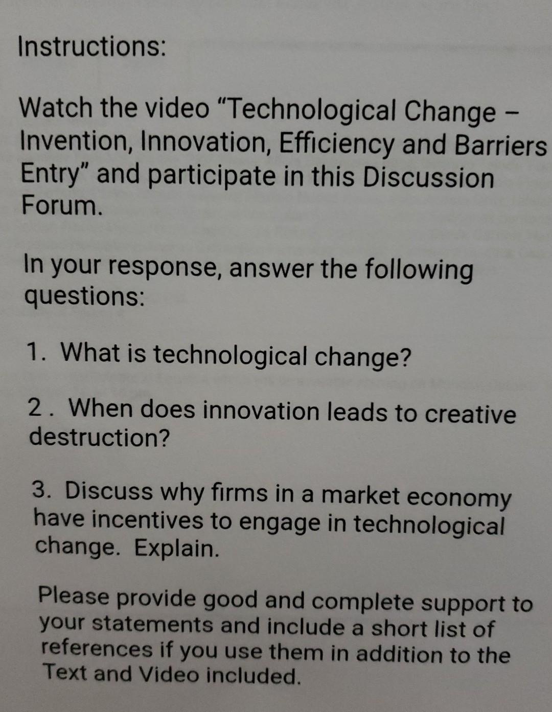 Solved Instructions: Watch the video "Technological Change | Chegg.com