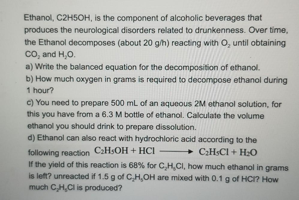 Solved Ethanol, C2H5OH, is the component of alcoholic | Chegg.com