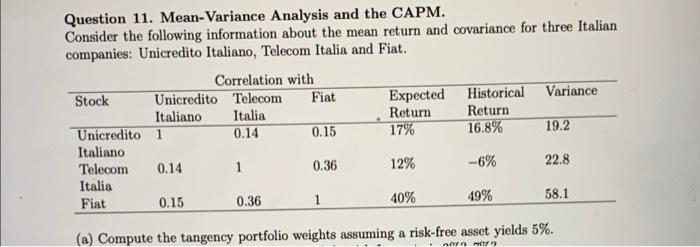 Question 11. Mean-Variance Analysis and the CAPM. | Chegg.com