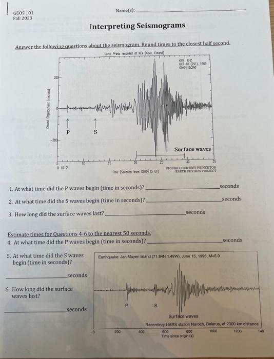 Solved Interpreting Seismograms Answer the following | Chegg.com