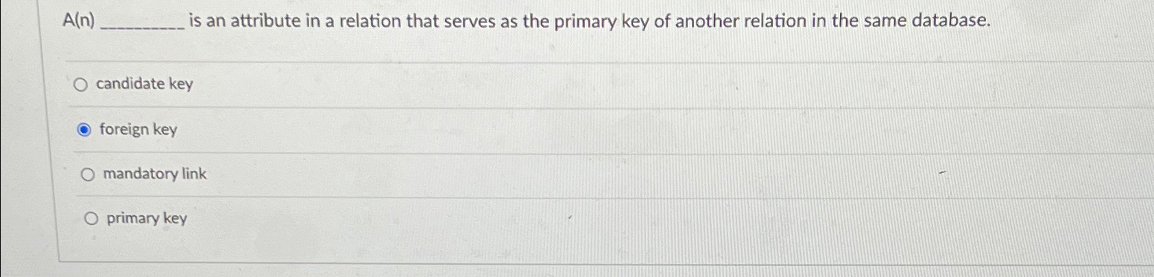 Solved A(n) ﻿is an attribute in a relation that serves as | Chegg.com