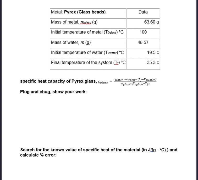 Solved \table[[Metal: Pyrex (Glass beads),Data],[Mass of | Chegg.com