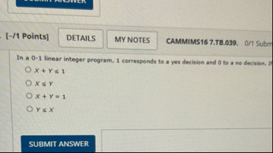 Solved [-/1 ﻿Points] CAMMIMS16 7.TB.039.0/1 ﻿SubmIn a 0-1 | Chegg.com