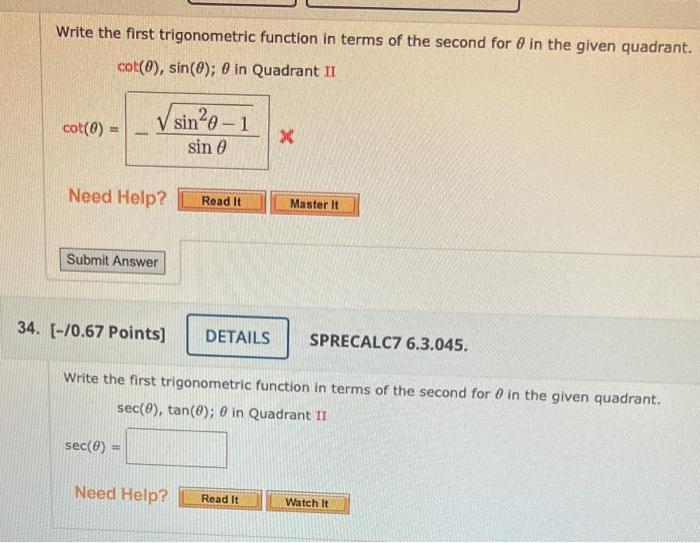 Solved Write the first trigonometric function in terms of | Chegg.com