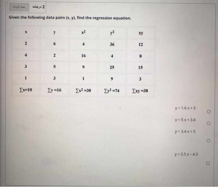 Solved حفظ الأجية 2 درجات Given the following data pairs (x, | Chegg.com