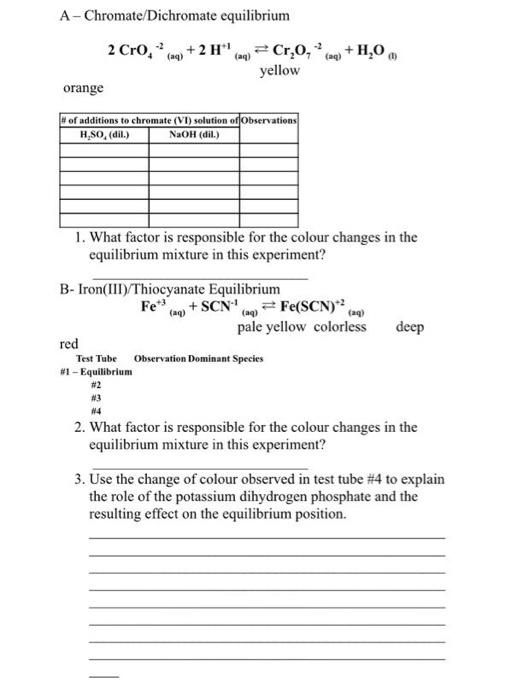 Solved A-Chromate/Dichromate equilibrium 2 Cro. +2 = Cr,0, | Chegg.com