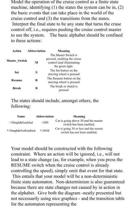 Model the operation of the cruise control as a finite | Chegg.com