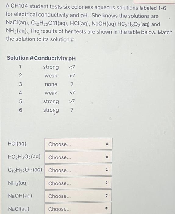 Solved A CH104 student tests six colorless aqueous solutions | Chegg.com