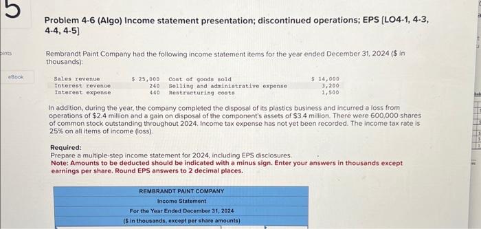 Solved Problem 4-6 (Algo) Income statement presentation; | Chegg.com