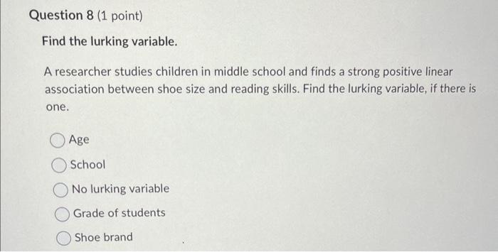 Solved Find the lurking variable. A researcher studies | Chegg.com