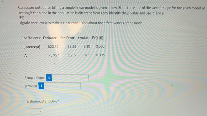 Solved Computer output for fitting a simple linear model is | Chegg.com