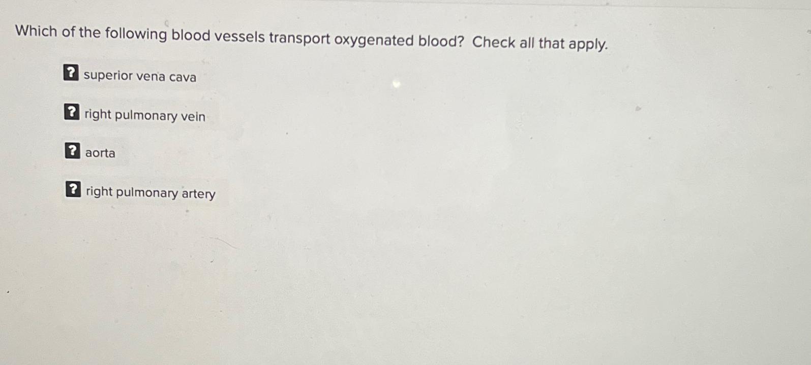 Solved Which of the following blood vessels transport | Chegg.com