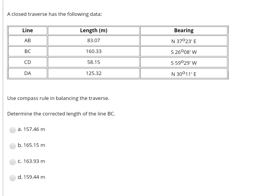 Solved A closed traverse has the following data: Line Length | Chegg.com