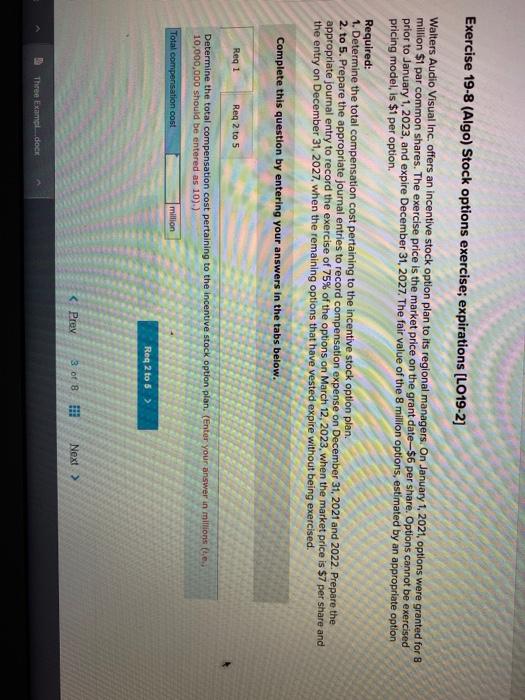 Solved Exercise 19-8 (Algo) Stock options exercise; | Chegg.com
