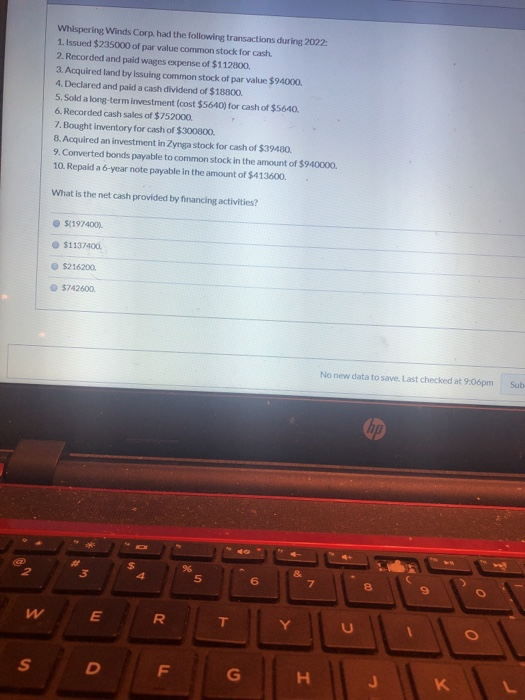 Solved Whispering Winds Corp. had the following transactions | Chegg.com