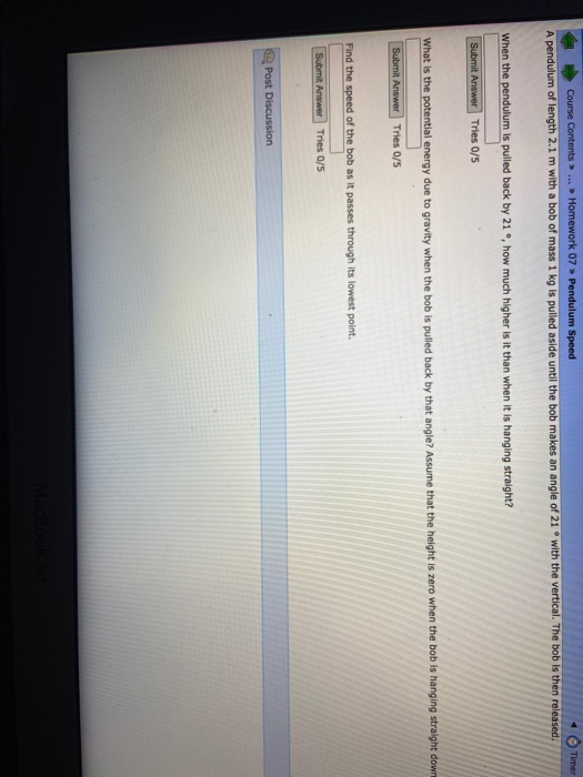 Solved Timer Course Contents ... Homework 07 Pendulum Speed | Chegg.com