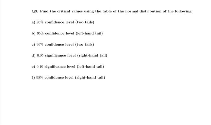 Solved Q3. Find the critical values using the table of the | Chegg.com
