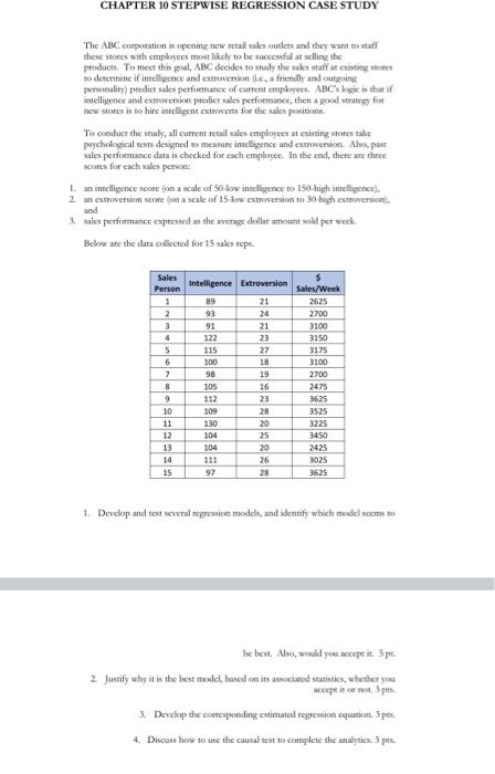 Solved CHAPTER 10 STEPWISE REGRESSION CASE STUDY The ABC | Chegg.com