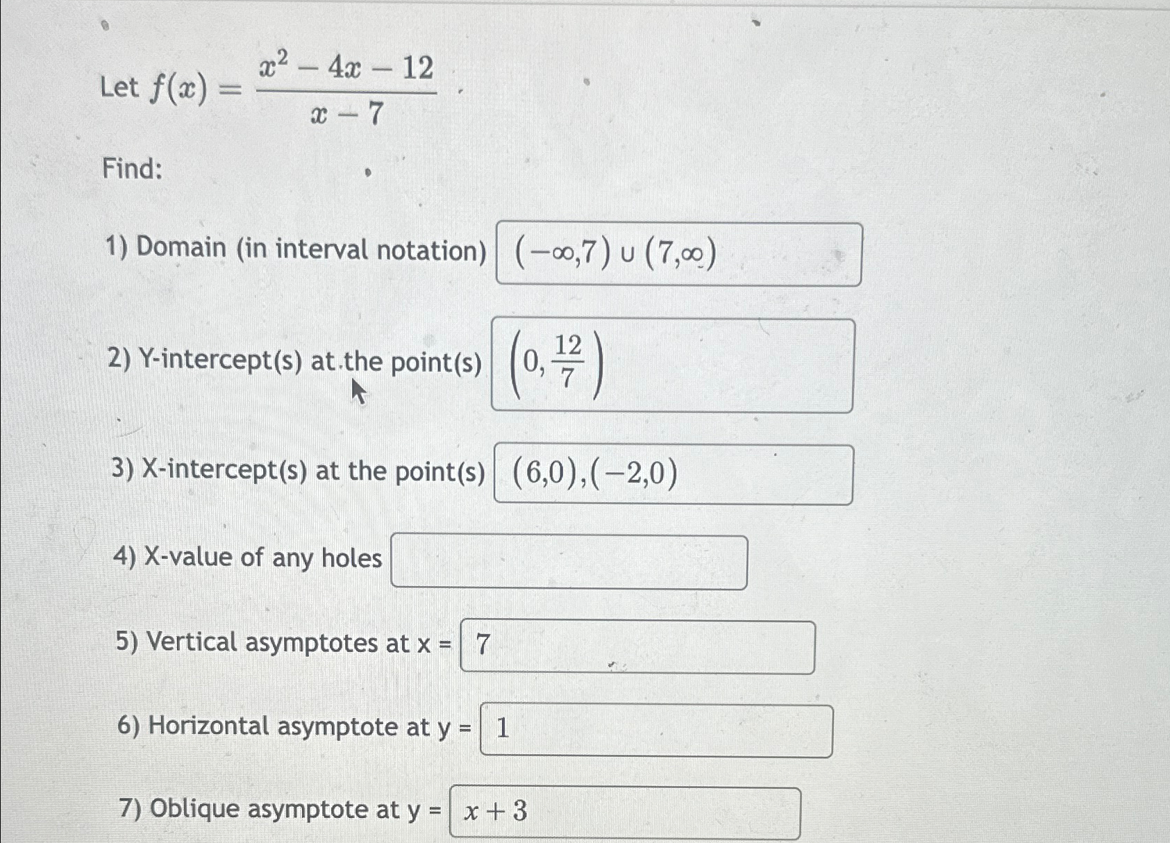 Solved Let f(x)=x2-4x-12x-7Find:Domain (in interval | Chegg.com
