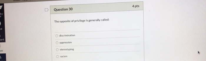 Solved Question 30 4 pts The opposite of privilege is | Chegg.com