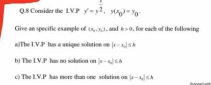 Solved Q. 8 ﻿Consider the LV.P y'=y12,y(x0)=y0.Give an | Chegg.com