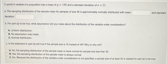 Solved (1 point) A variable of a population has a mean of | Chegg.com
