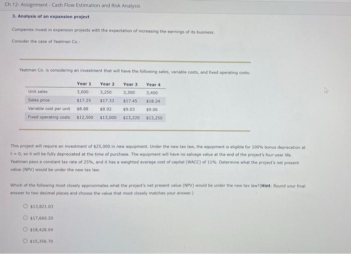Solved 3. Analysis of an expansion project Companies invest | Chegg.com
