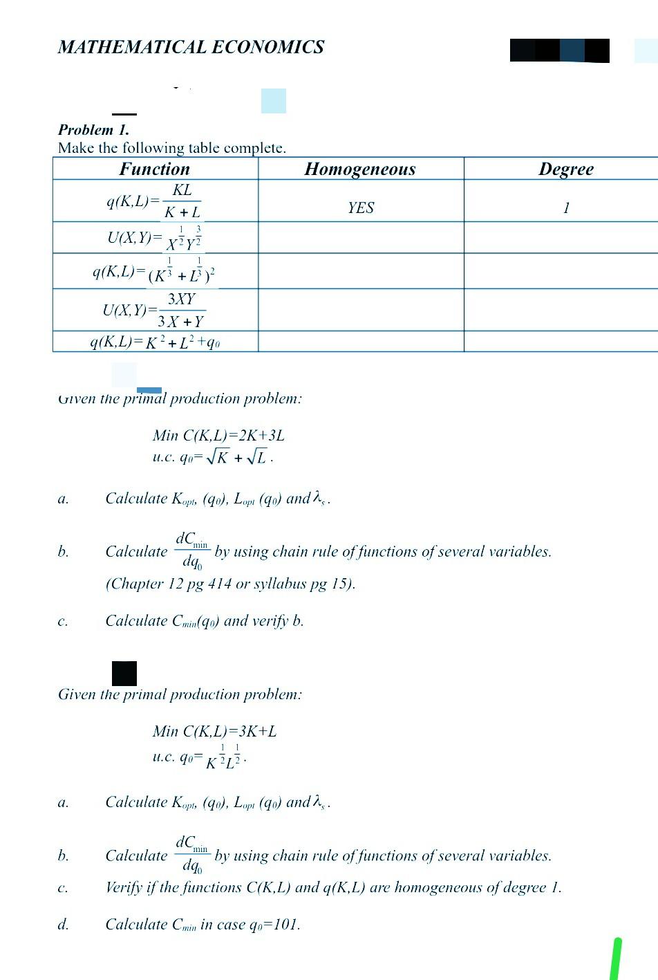 Solved MATHEMATICAL ECONOMICS Homogeneous Degree YES 1 1 3 | Chegg.com