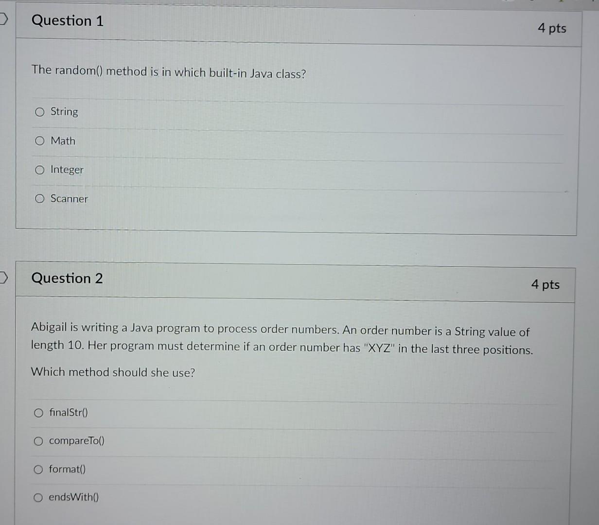 Solved The random() method is in which built-in Java class? | Chegg.com