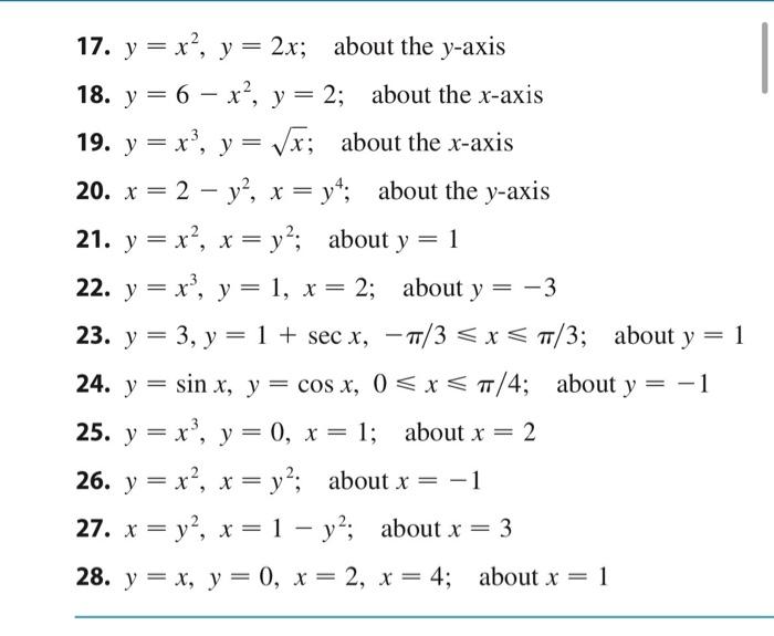 17. y=x2,y=2x; about the y-axis 18. y=6−x2,y=2; about | Chegg.com