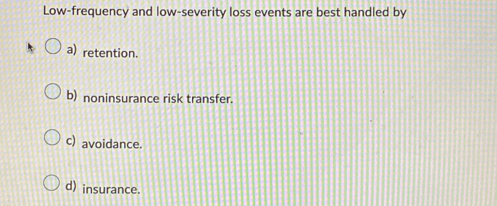 Solved Low-frequency and low-severity loss events are best | Chegg.com