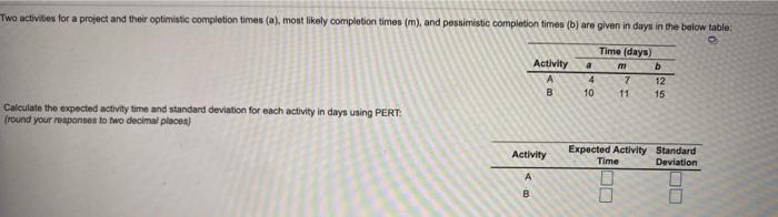 Solved Two activities for a project and their optimistic | Chegg.com