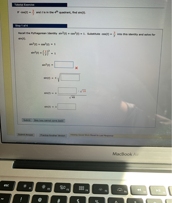 Solved Tutorial Exercise If cos(t)- and t is in the 4th | Chegg.com