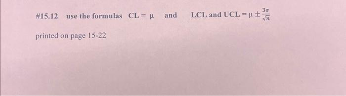 Solved \#15.12 use the formulas CL=μ and LCL and UCL=μ±n3σ | Chegg.com