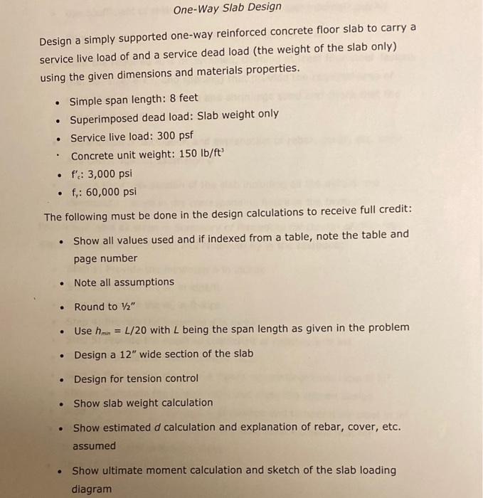 Solved One-Way Slab Design Design a simply supported one-way | Chegg.com