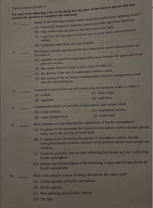 Solved Earth Science Exam 5 For each of the following, write | Chegg.com