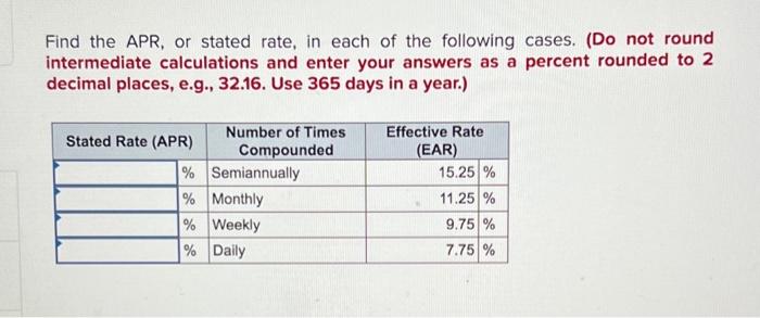 Solved Find the APR, or stated rate, in each of the | Chegg.com
