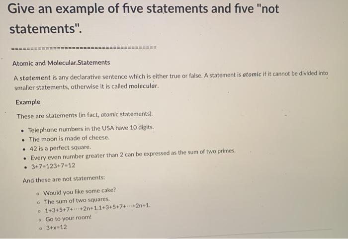 Solved Give an example of five statements and five "not | Chegg.com