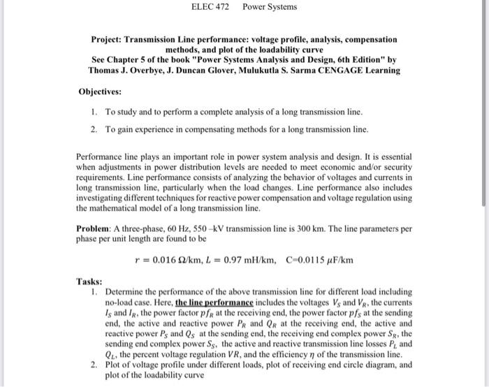ELEC 472 Power Systems Project: Transmission Line | Chegg.com