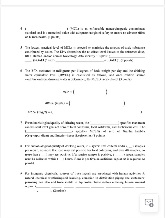 Solved (MCL) is an enforceable noncarcinogenic contaminant | Chegg.com