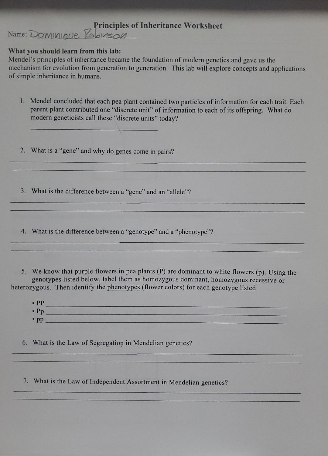 Principles of Inheritance Worksheet Robinson Name: | Chegg.com