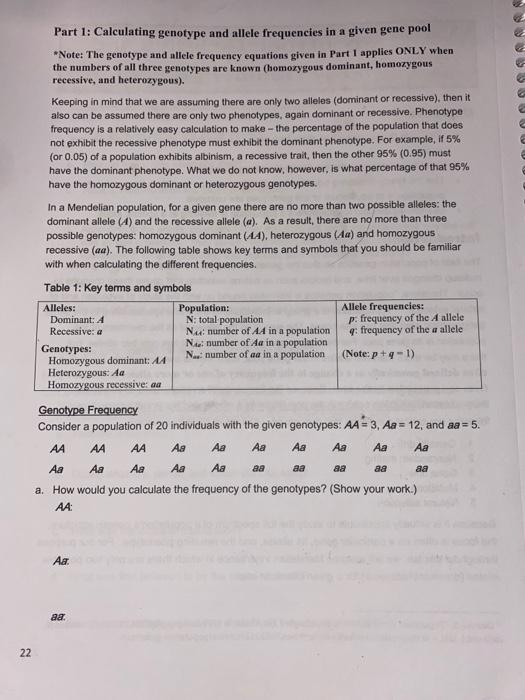 Solved Part 1: Calculating genotype and allele frequencies | Chegg.com