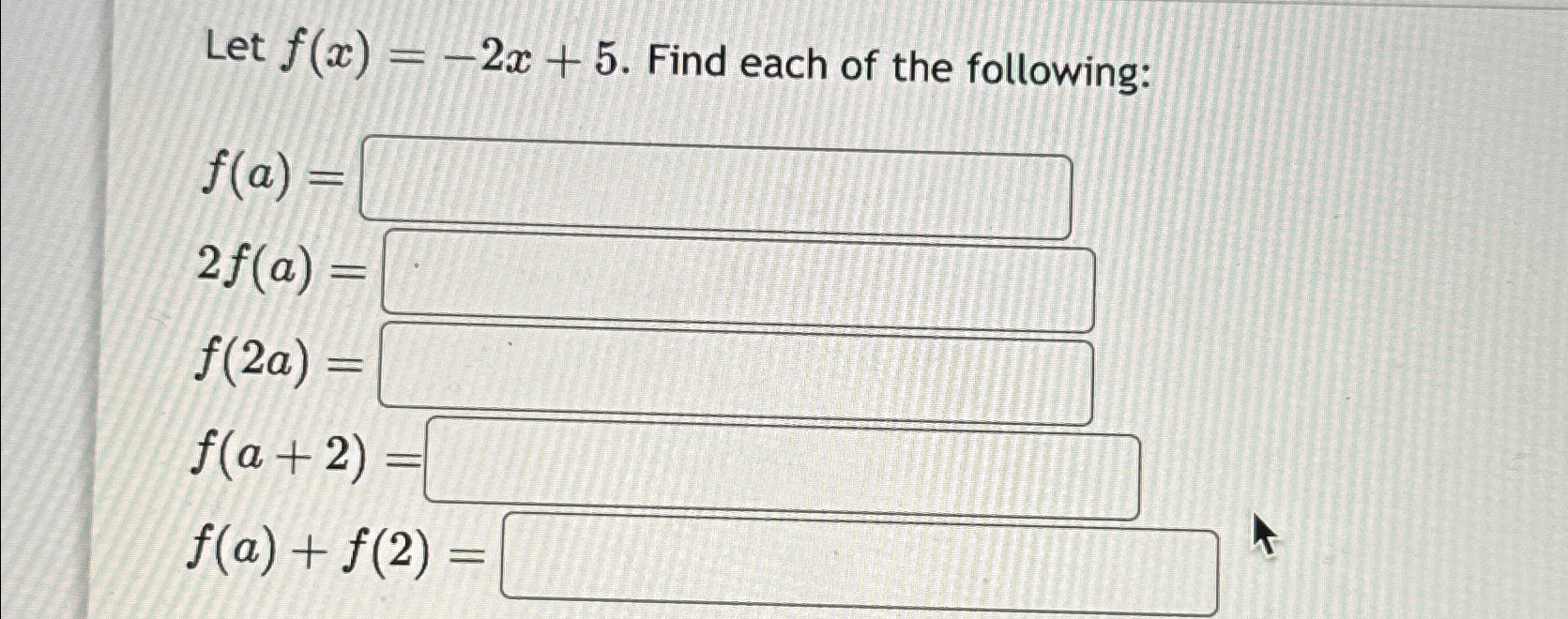 Solved Let f(x)=-2x+5. ﻿Find each of the | Chegg.com