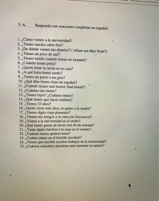 3. A. Responda con oraciones completas en español 2 | Chegg.com