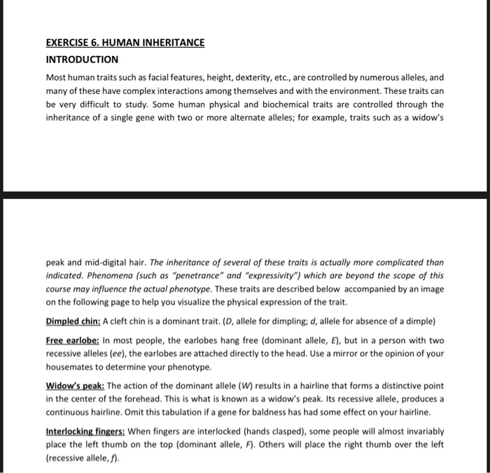 Solved EXERCISE 6. HUMAN INHERITANCE INTRODUCTION Most human | Chegg.com