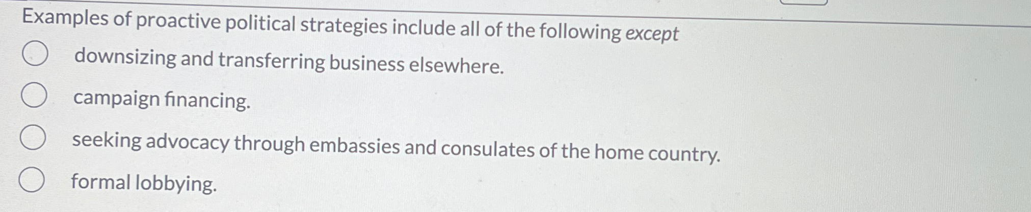 Solved Examples of proactive political strategies include | Chegg.com