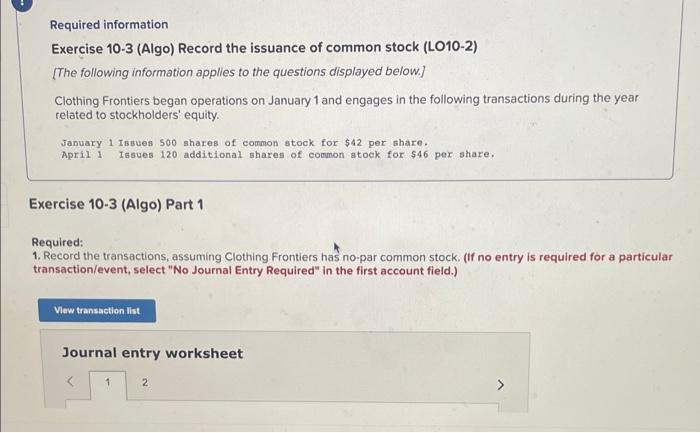 Solved Required information Exercise 10-3 (Algo) Record the | Chegg.com