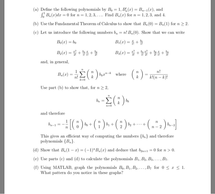 (f) Using MATLAB, graph the polynomials B, B1, B2, | Chegg.com